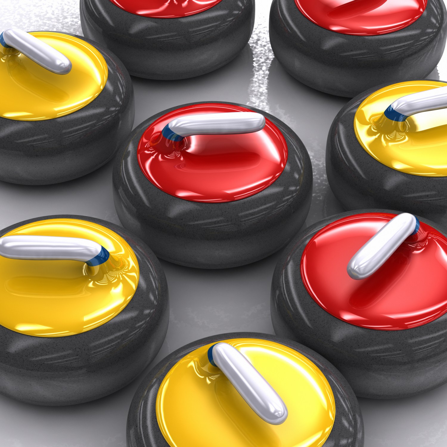 Yellow and red curling stones closeup – Mayfield Curling